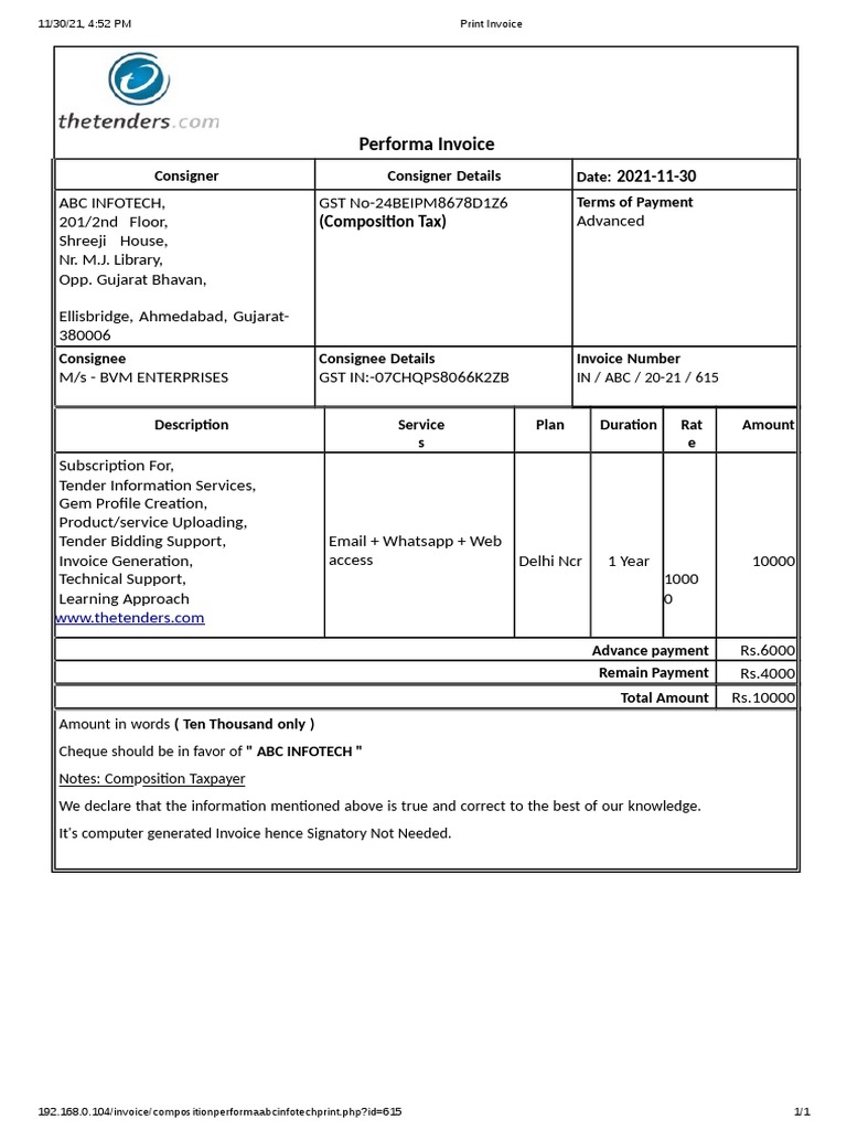 Performa Invoice: 2021-11-30 (Composition Tax) | PDF | Invoice | Economies