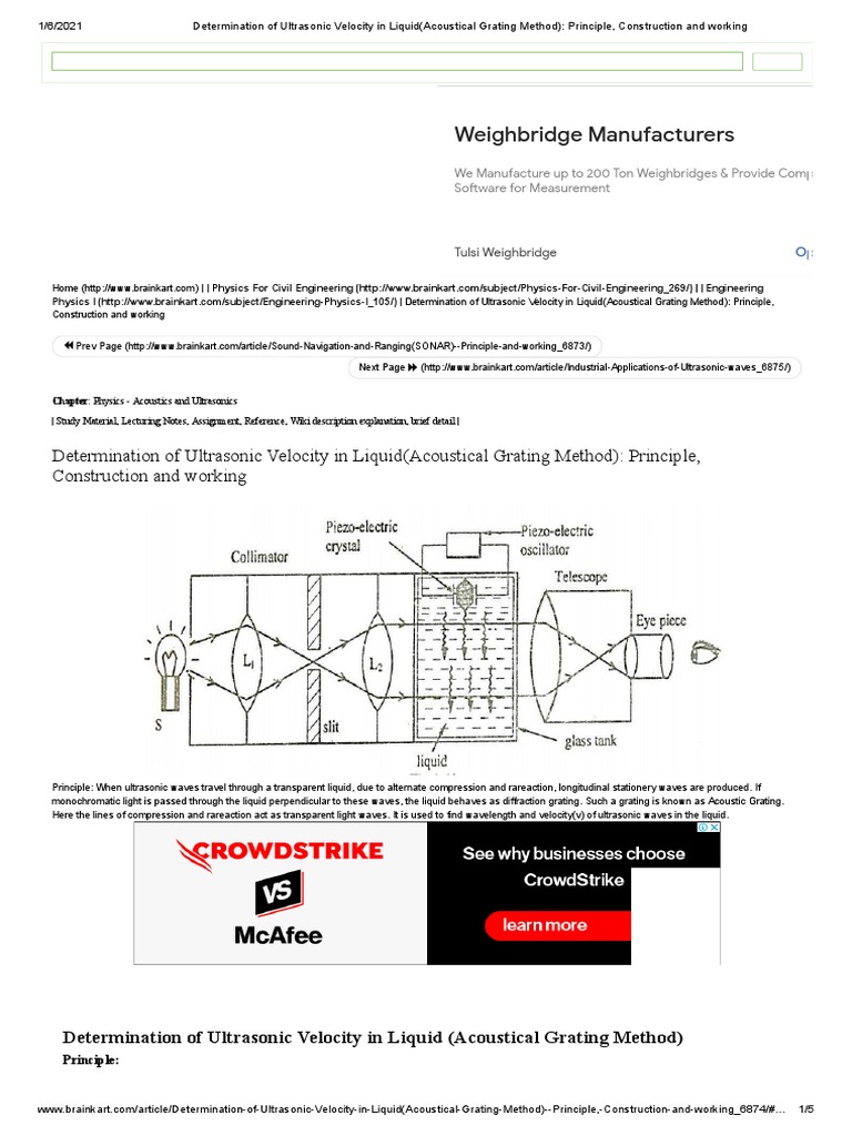 Determination of Ultrasonic Velocity in Liquid (Acoustical Grating ...