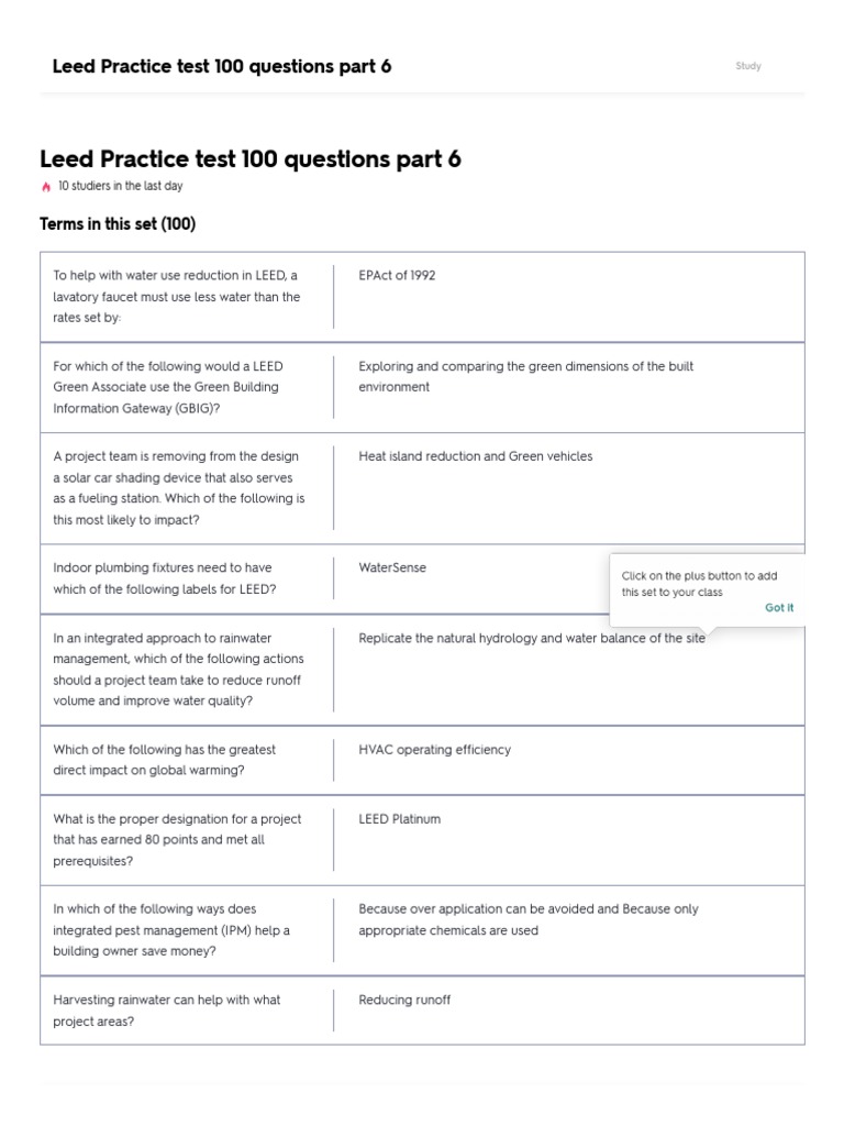 Leed Practice Test 100 Questions Part 6 Flashcards - Quizlet | Download ...