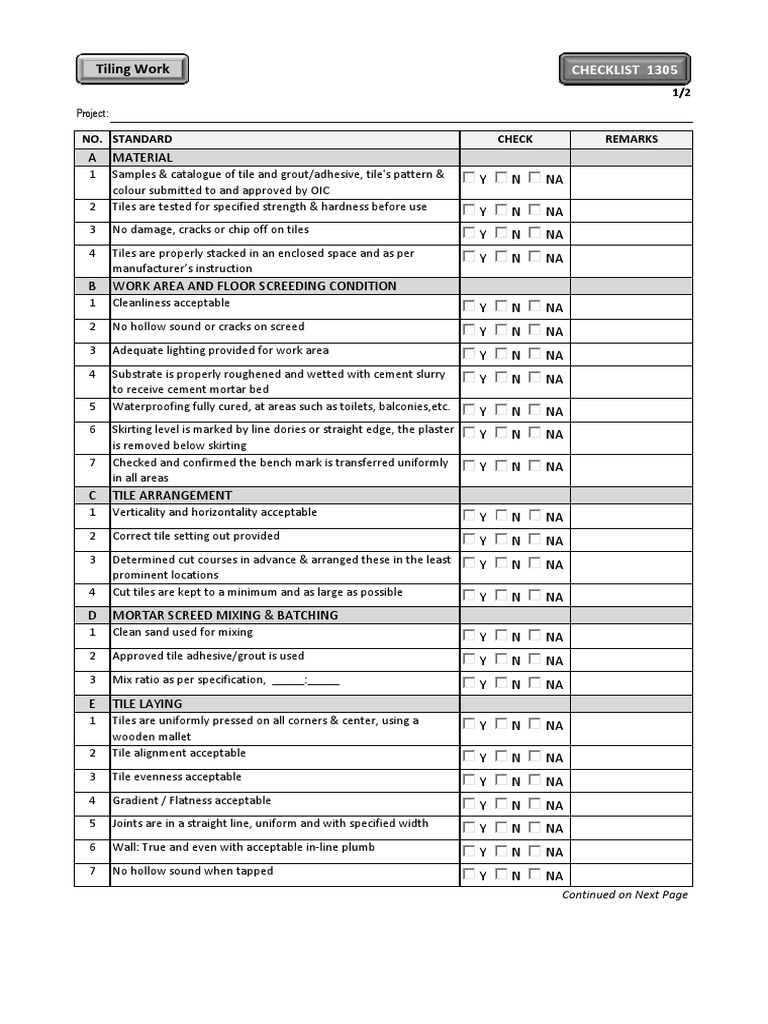 Tiling Work: Checklist 1305 | PDF | Tile | Mortar (Masonry)