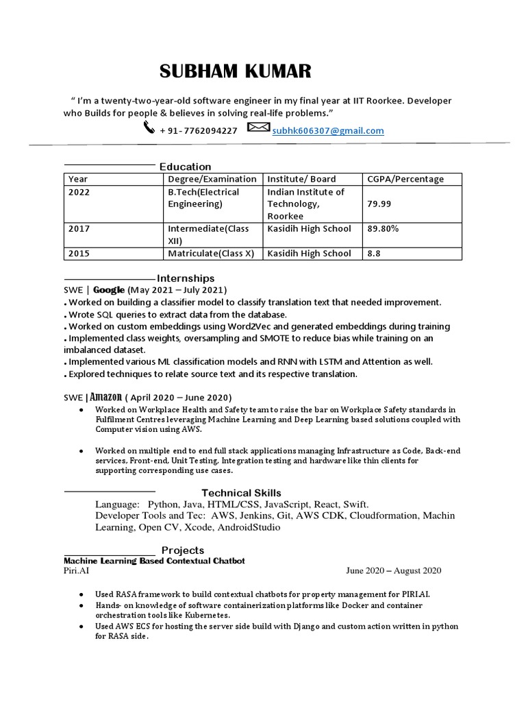 Subham Kumar: Machine Learning Based Contextual Chatbot | PDF | Amazon Web Services | Machine ...