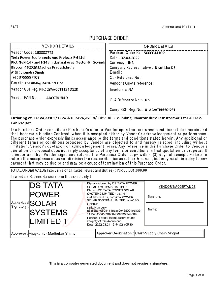 Ds Tata Power Solar Systems Limited 1: Purchase Order | PDF | Value ...