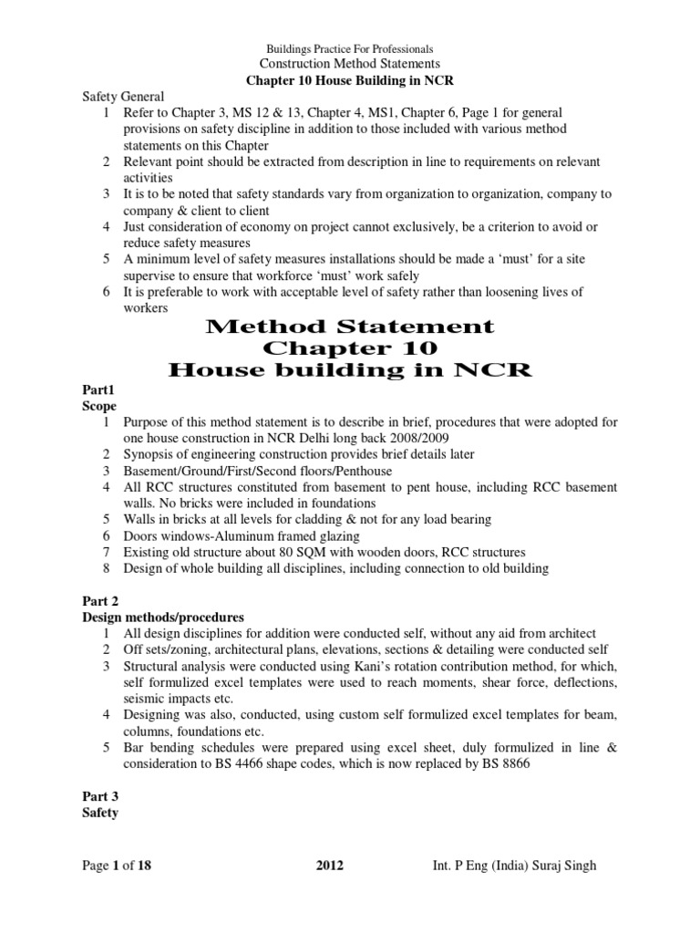 Method Statement for House Construction in NCR | PDF | Concrete | Basement
