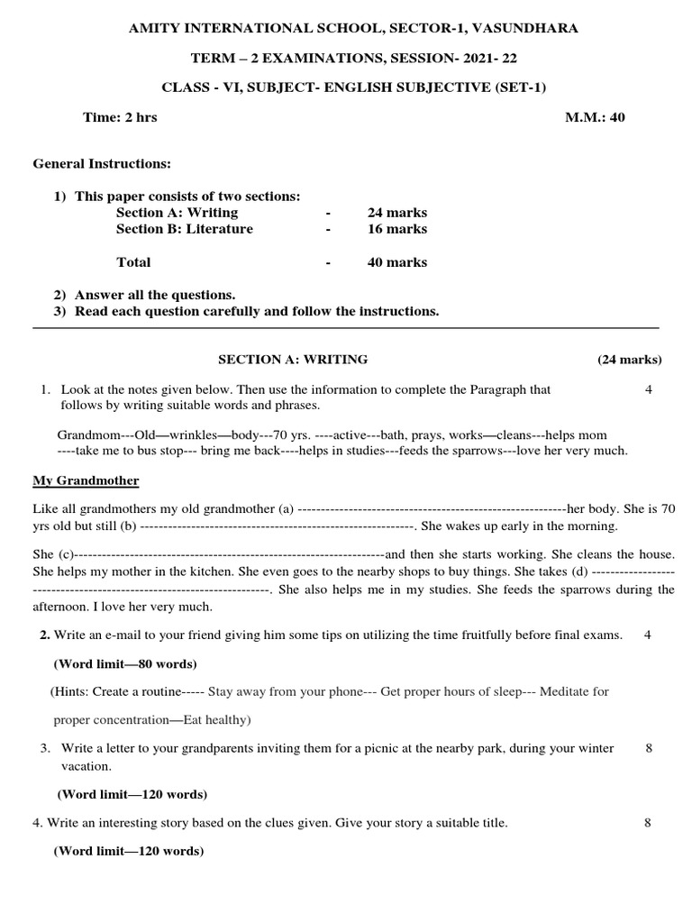 English Class 6 Term 2 Subjective Paper (SET-1) 2021-22 | PDF