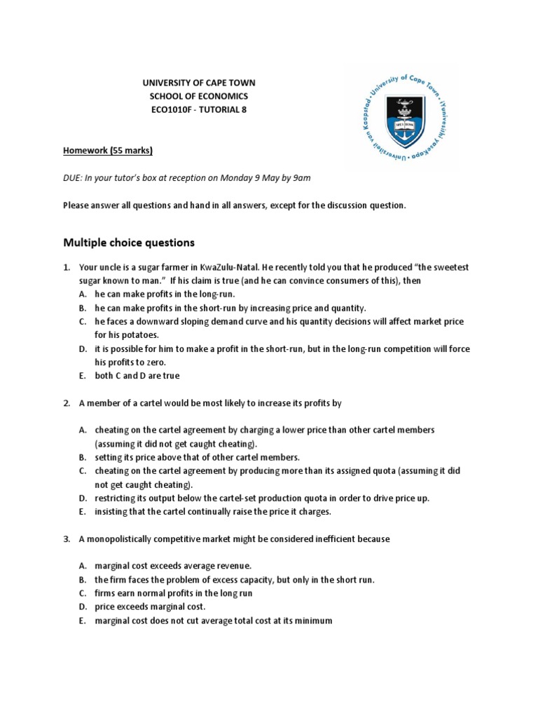ECO1010F Tutorial 8 Homework Assignment | PDF | Monopoly | Profit ...