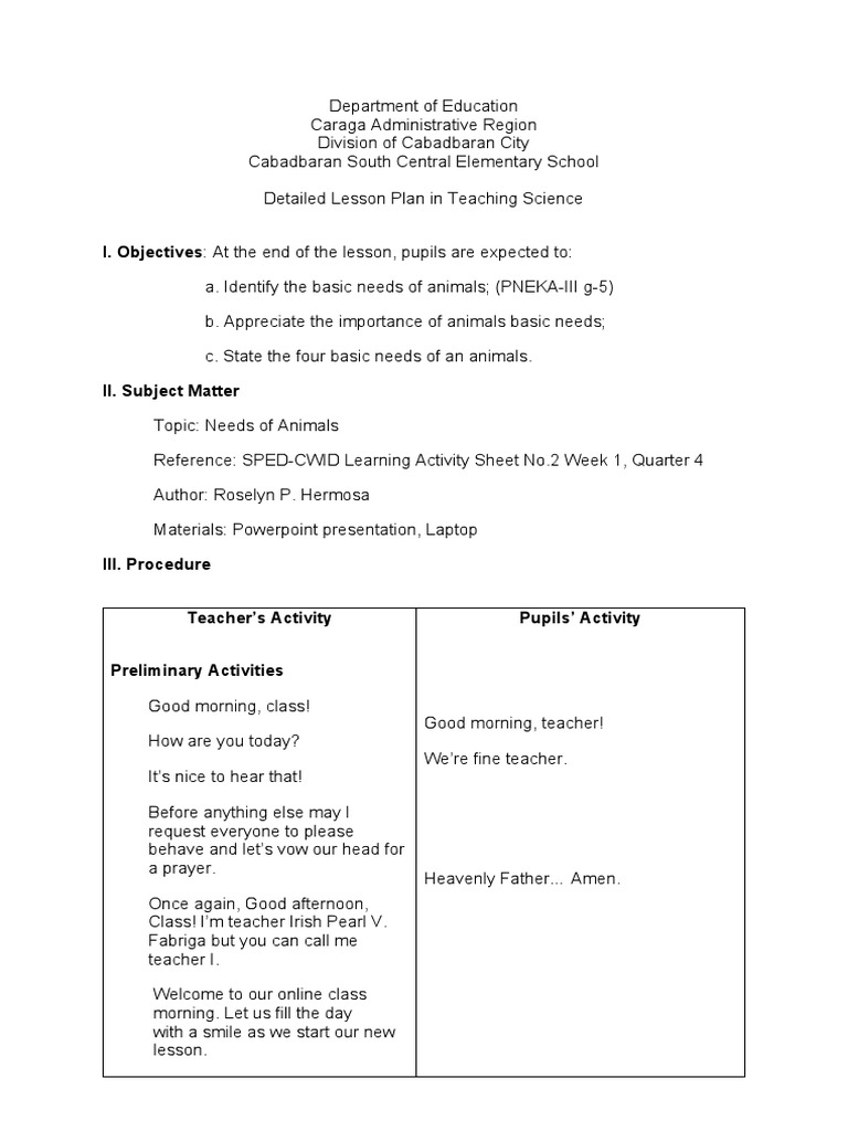 Basic Needs of Animals Lesson Plan | PDF | Teachers | Lesson Plan