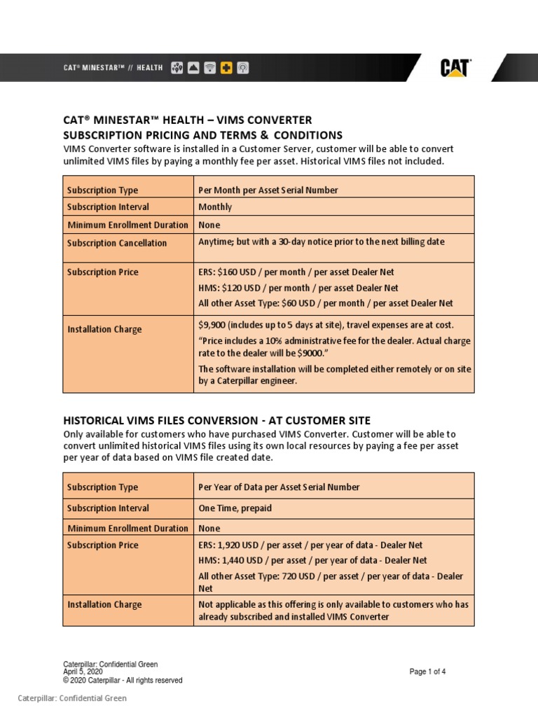 Cat® Minestar™ Health - Vims Converter Subscription Pricing and Terms ...