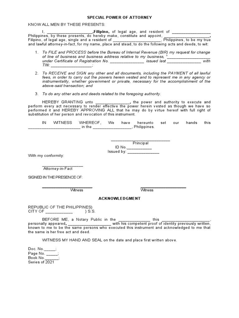 SPA for BIR Business Transactions | PDF | Power Of Attorney | Common Law
