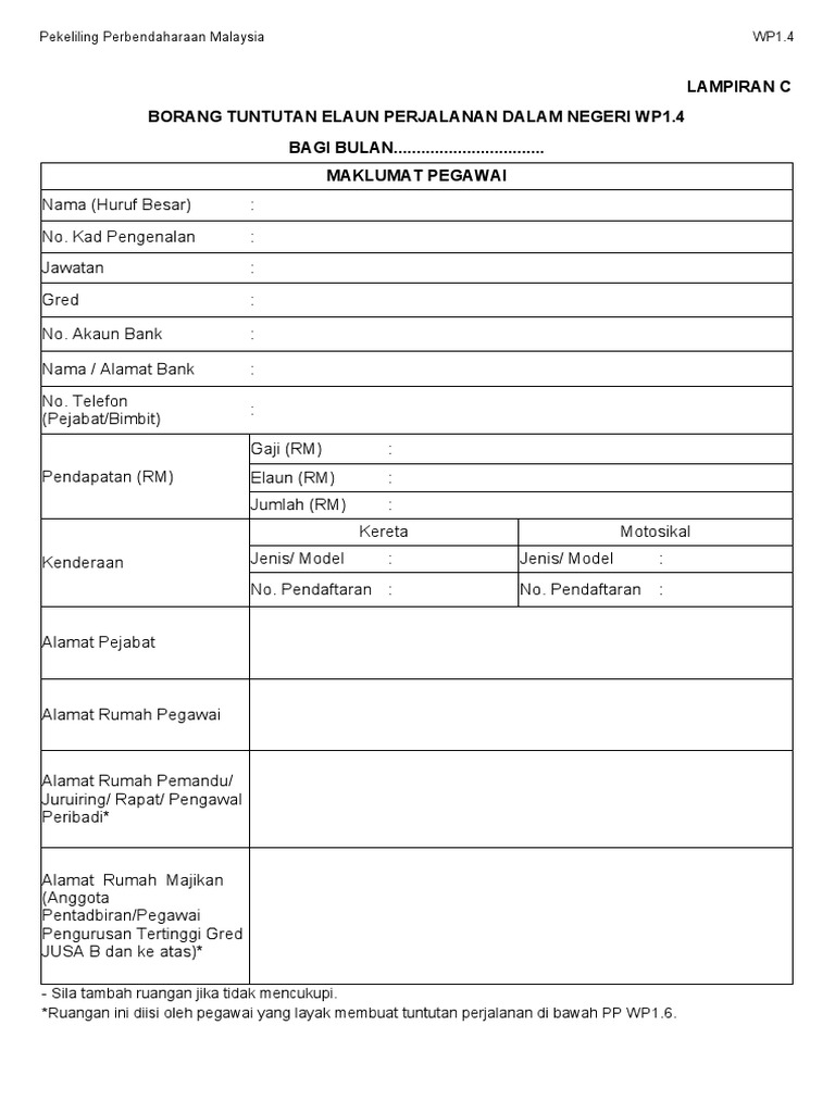 Lampiran C Borang Tuntutan Elaun Perjalanan Dalam Negeri Wp1.4 BAGI BULAN ...