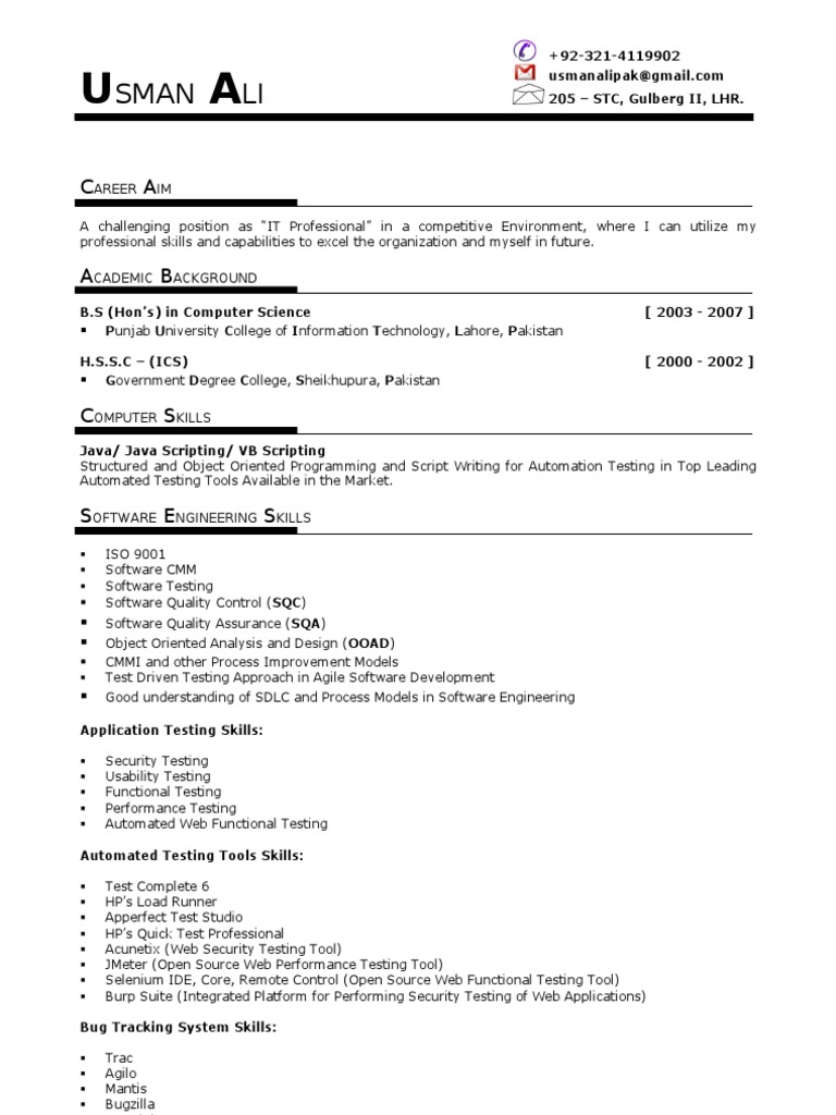 CV - Sr. SQA Engineer - UsmanAli | PDF | Software Testing | Selenium ...