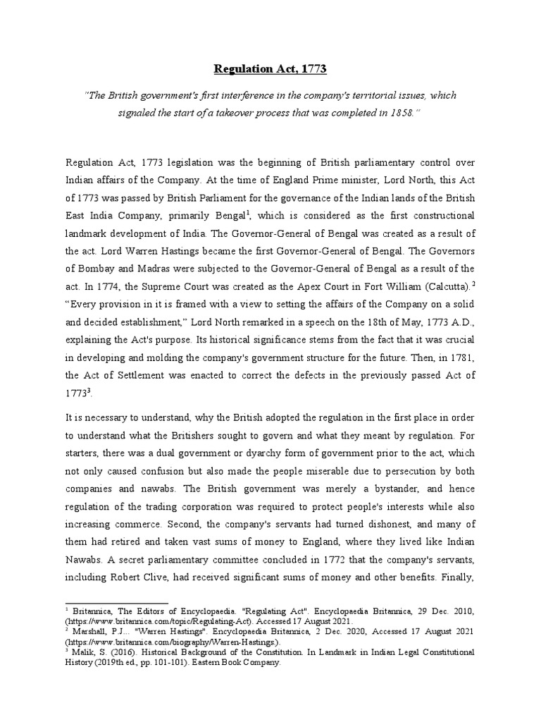 Regulation Act 1773 | PDF