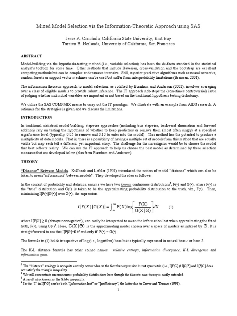 Mixed Model Selection Information Theoretic | PDF | Akaike Information Criterion | Statistical ...