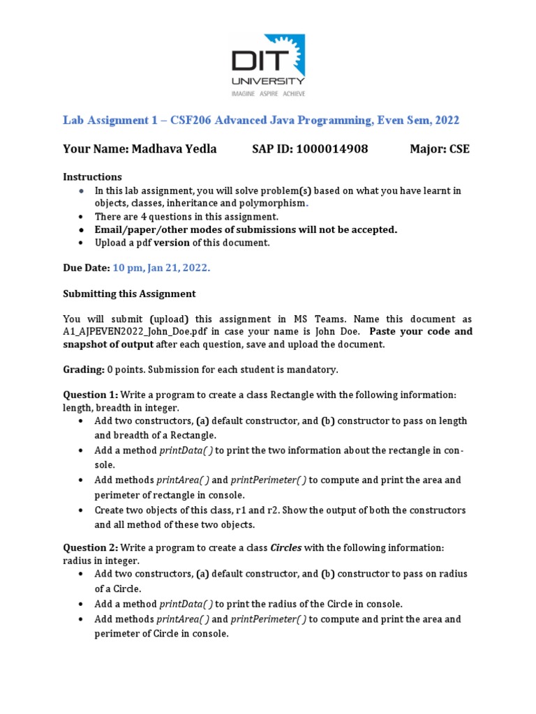 Lab Assignment 1 - CSF206 Advanced Java Programming, Even Sem, 2022 ...