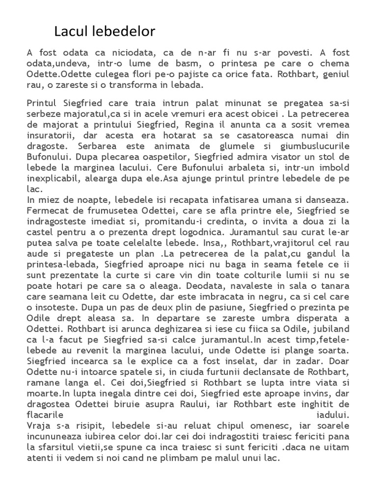 Lacul Lebedelor Poveste | PDF