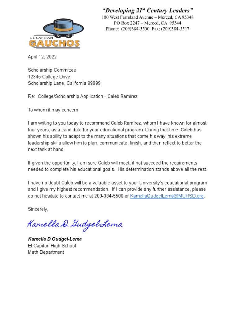 Letter of Rec Caleb Ramirez | PDF