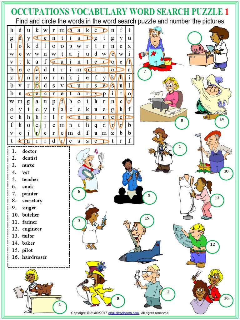 Occupations Vocabulary Esl Word Search | PDF | Employment