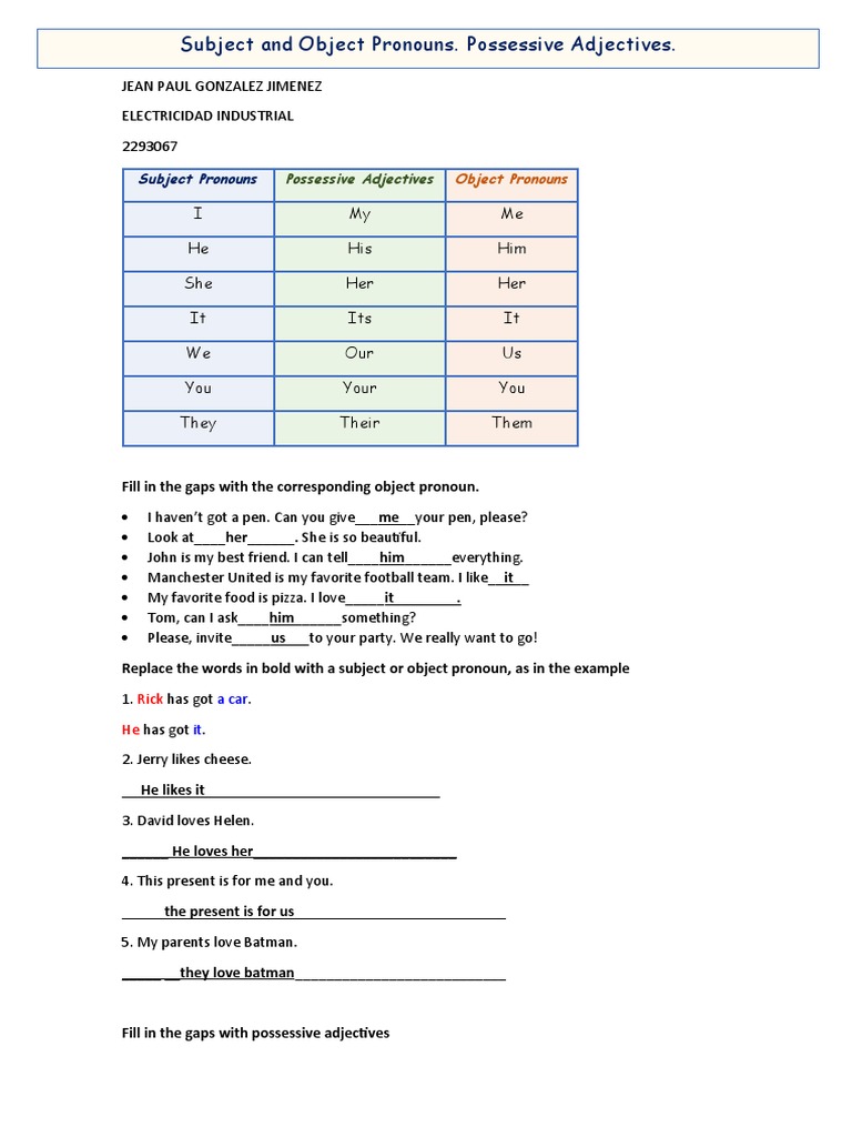 Subject and Object Pronouns. Possessive Adjectives | PDF | Cognitive ...