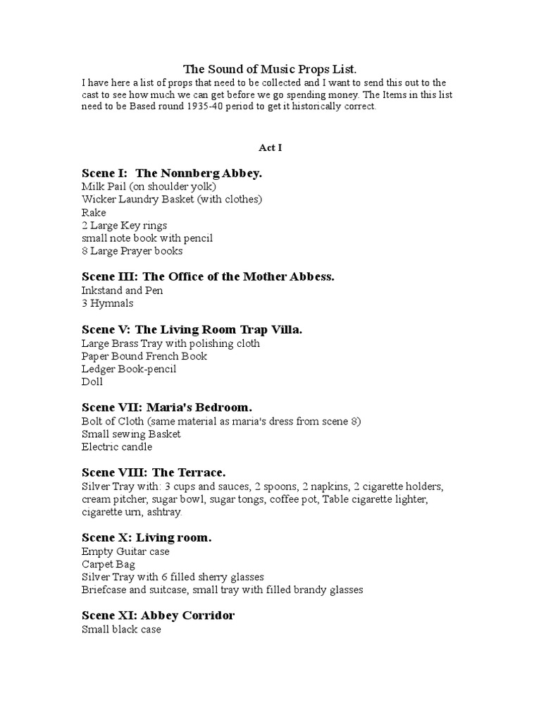Scene I: The Nonnberg Abbey.: The Sound of Music Props List | PDF | Art