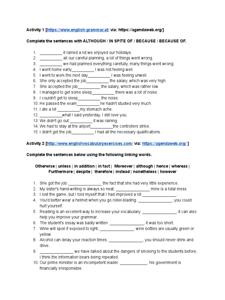 Linking Words Practice Exercises | PDF | Wine