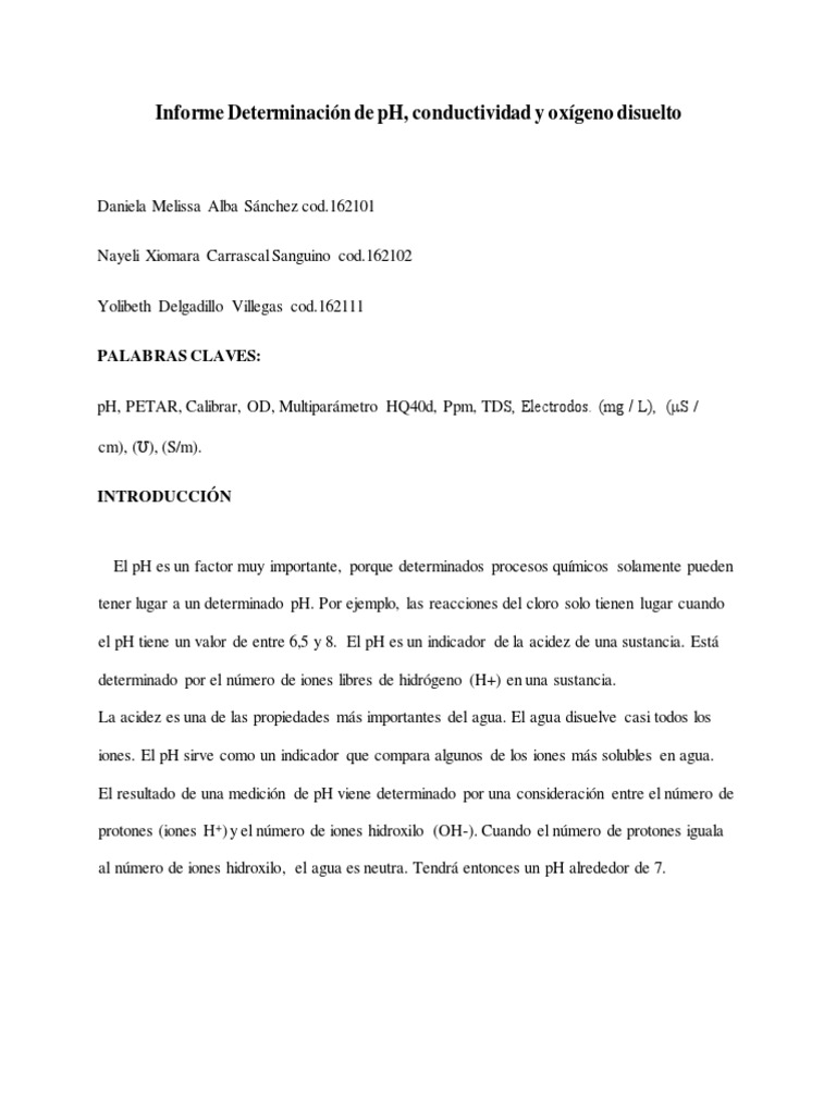 Informe PH, Conductividad, Salinidad y Oxigeno Disuelto | PDF | Ph | Agua
