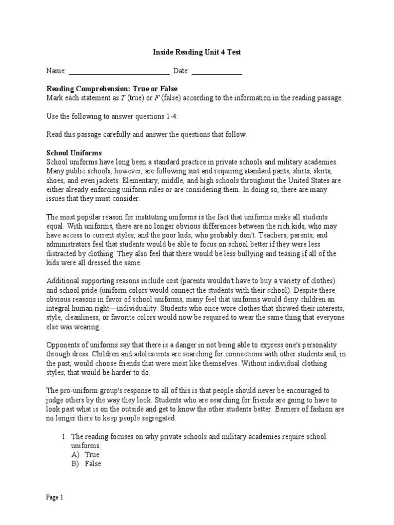 Inside Reading Unit 4 Test | PDF