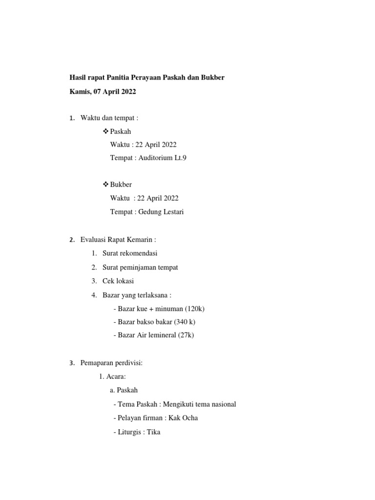 Hasil Rapat Panitia Paskah Dan Bukber - Kamis, 07 April 2022 | PDF
