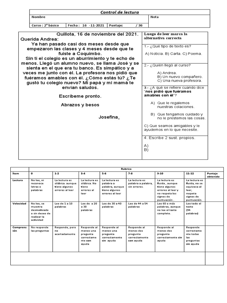 Control de Lectura para 2° Básico | PDF