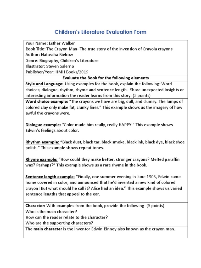Children Literature Evaluation Form The Crayon Man 3 | PDF