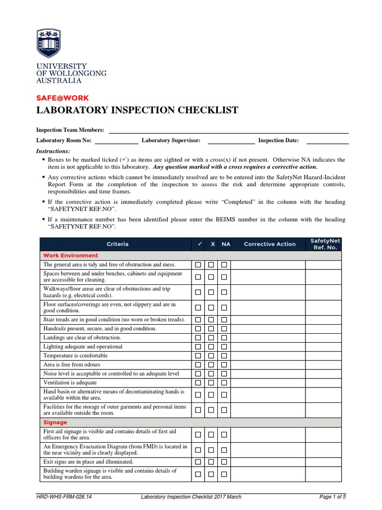 Laboratory Inspection Checklist: Safe@Work | Download Free PDF ...