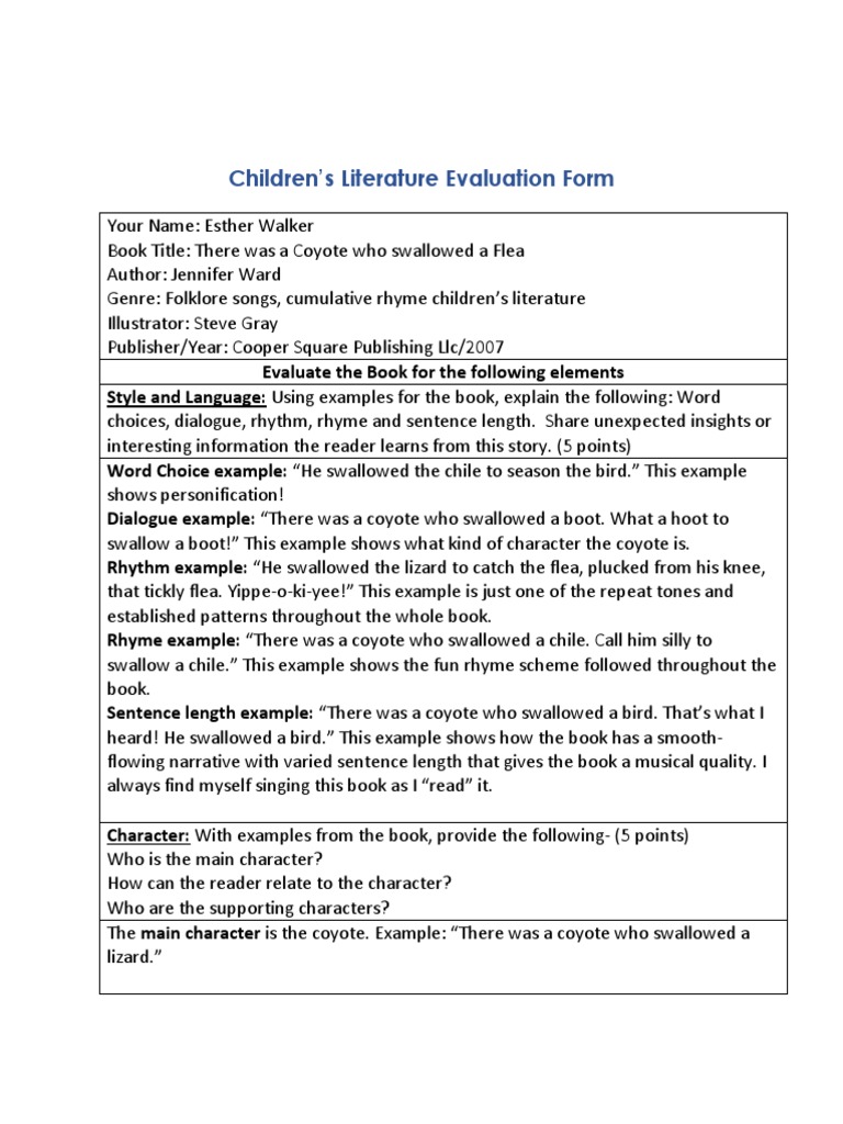 Children Literature Evaluation Form There Was A Coyote Who Swallowed A ...
