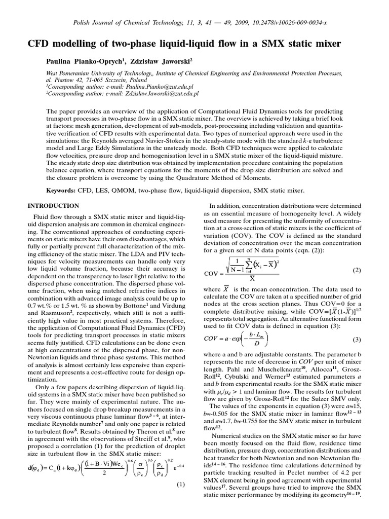 CFD Modelling of Two-Phase Liquid-Liquid Flow in A SMX Static Mixer | PDF | Computational Fluid ...