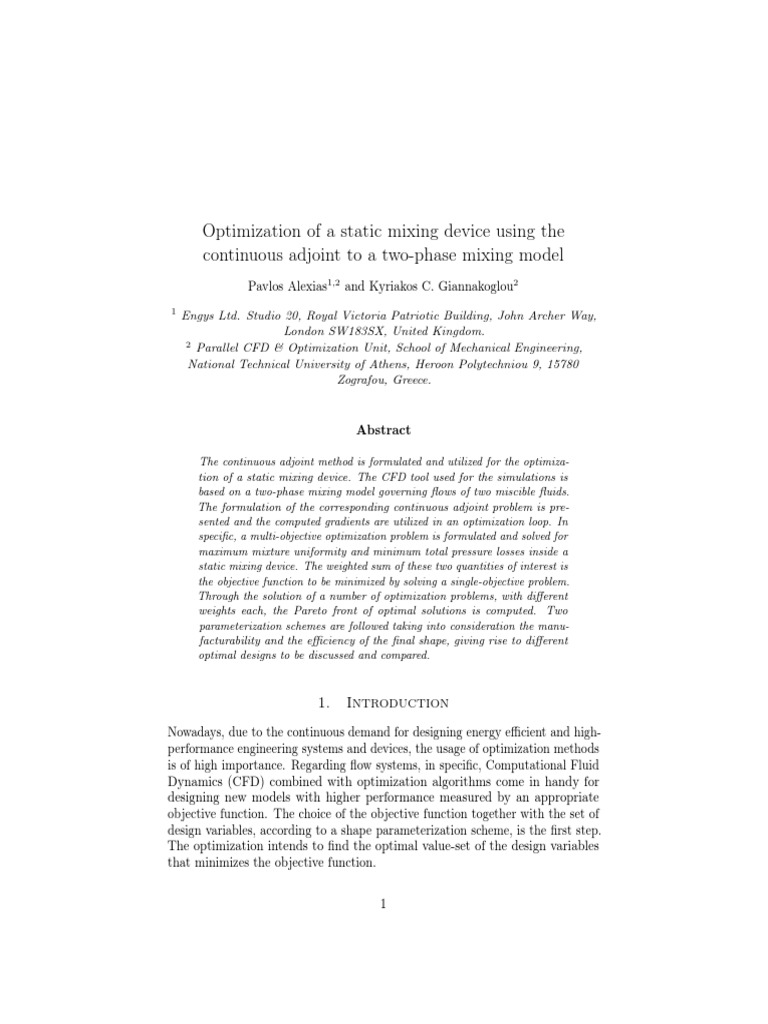 Optimization of A Static Mixing Device Using The Continuous Adjoint To ...