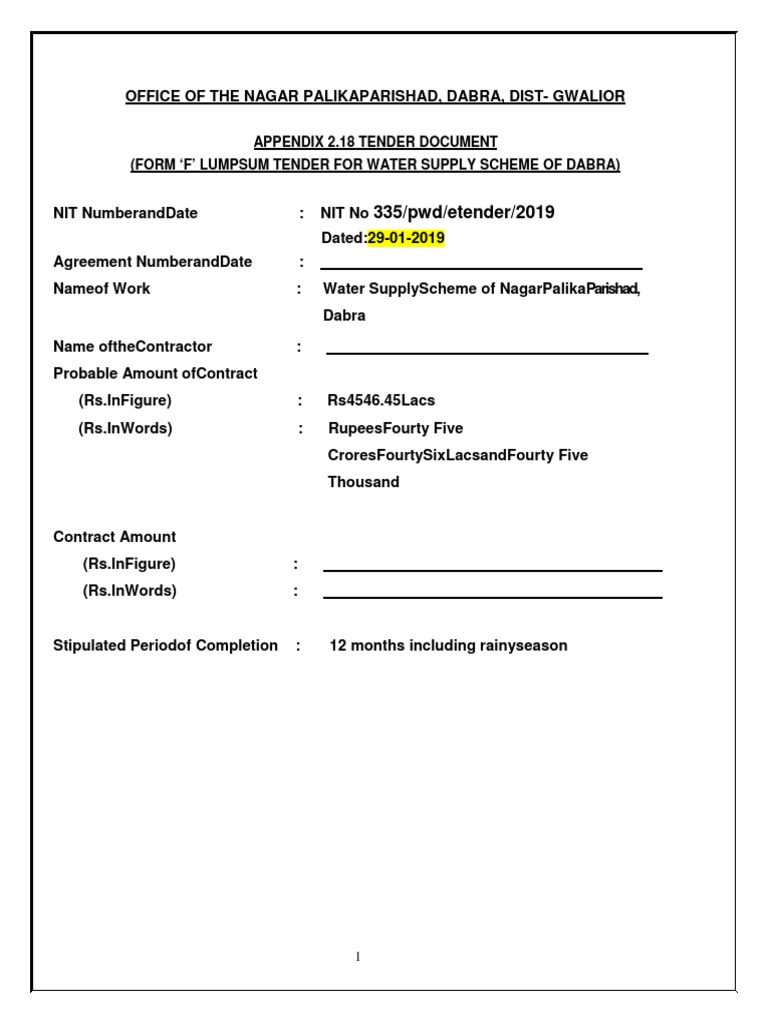 335/pwd/etender/2019: Appendix 2.18 Tender Document (Form F' Lumpsum ...