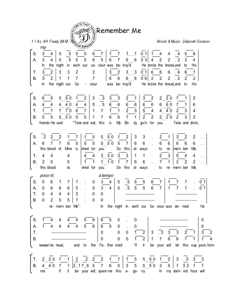 Remember Me: 1 As, 4/4. Freely (M.M. 76) Words & Music: Deborah Govenor ...
