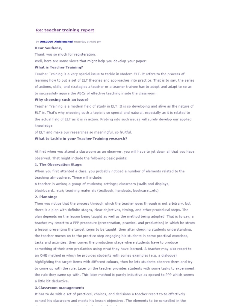 Teacher Training Report | PDF | Teacher Education | Classroom