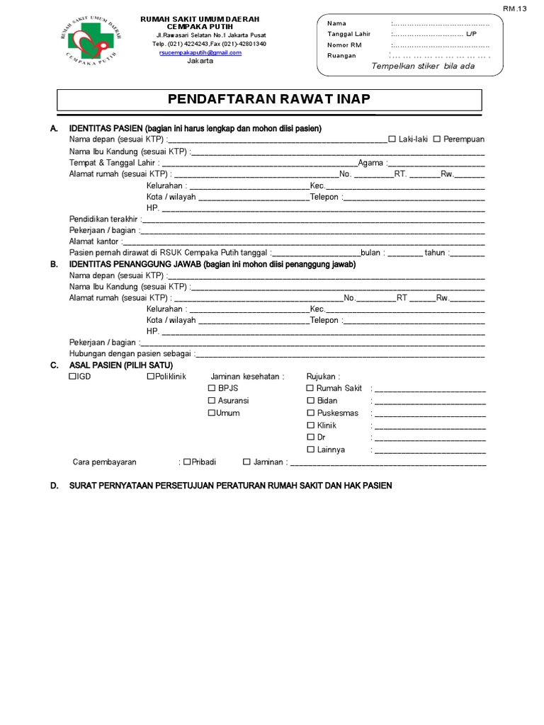 Formulir Pendaftaran Rawat Inap - Docx Rev 01 | PDF