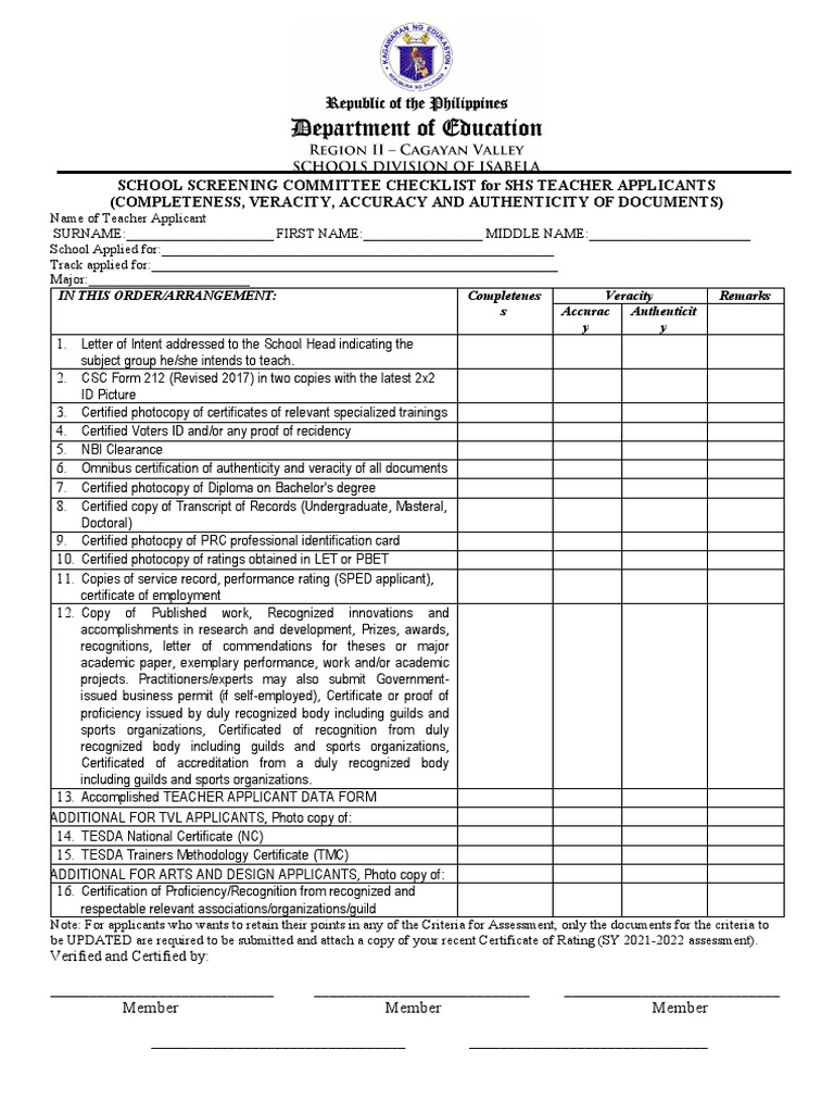 School Screening Committee Checklist For Shs Teacher Applicants ...