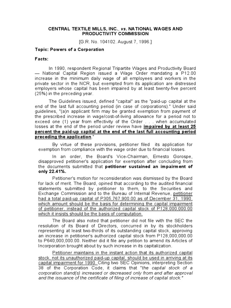 Central Textile vs. NWPC Wage Exemption | PDF | Stocks | Employment