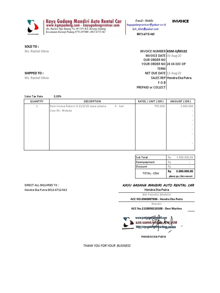 Invoice Rental Mobil Di Padang Sumbar | PDF