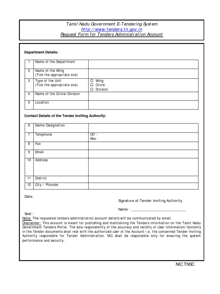 Tamil Nadu Government E-Tendering System Request Form For Tenders ...
