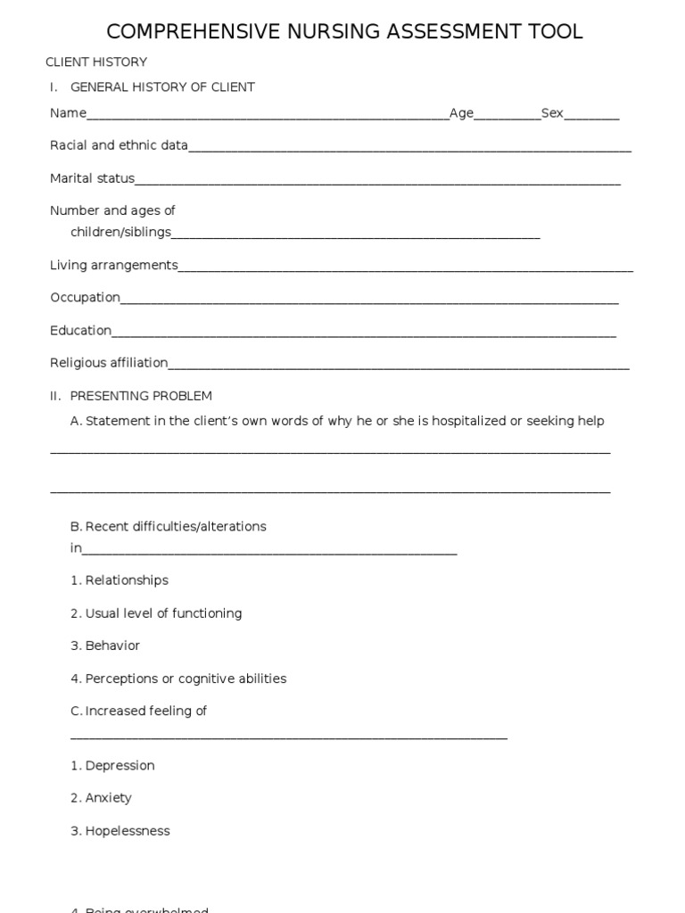 Comprehensive Nursing Assessment Tool | PDF | Mood (Psychology ...