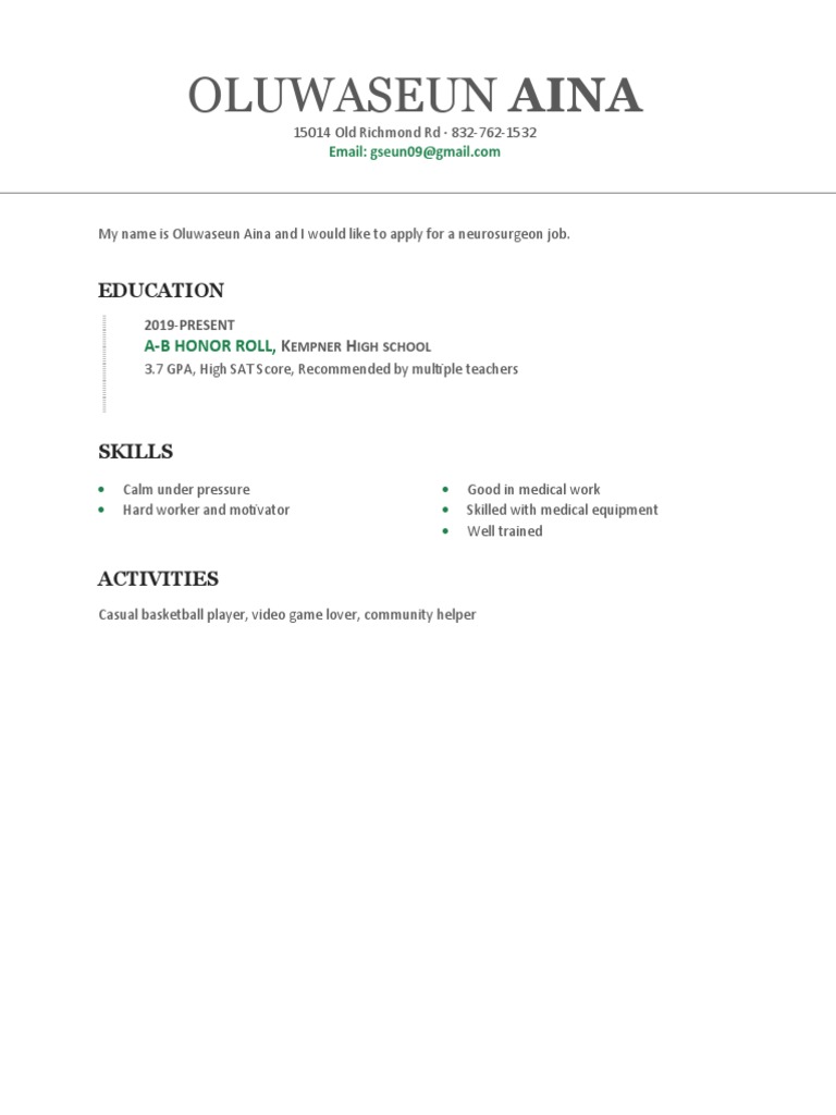 Neurosurgeon Job Application Resume | PDF