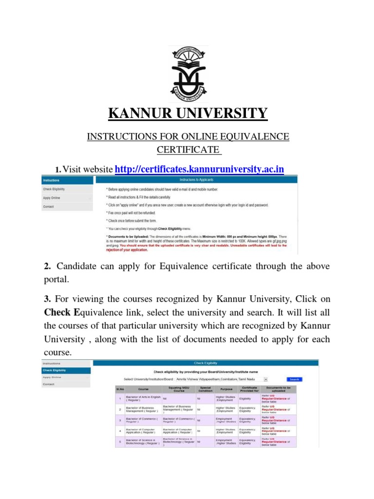 Kannur University: Check Equivalence Link, Select The University and Search. It Will List All ...