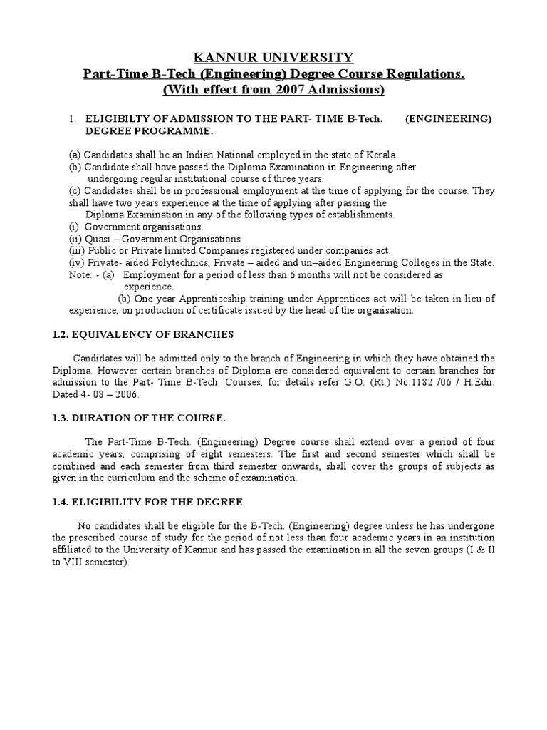 Kannur University Part-Time B-Tech (Engineering) Degree Course ...