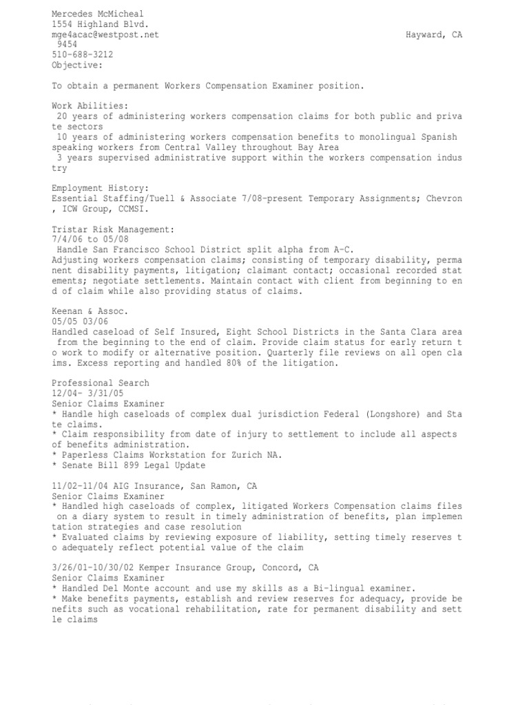 Workers Compensation Claims Adjuster | PDF | Workers' Compensation ...