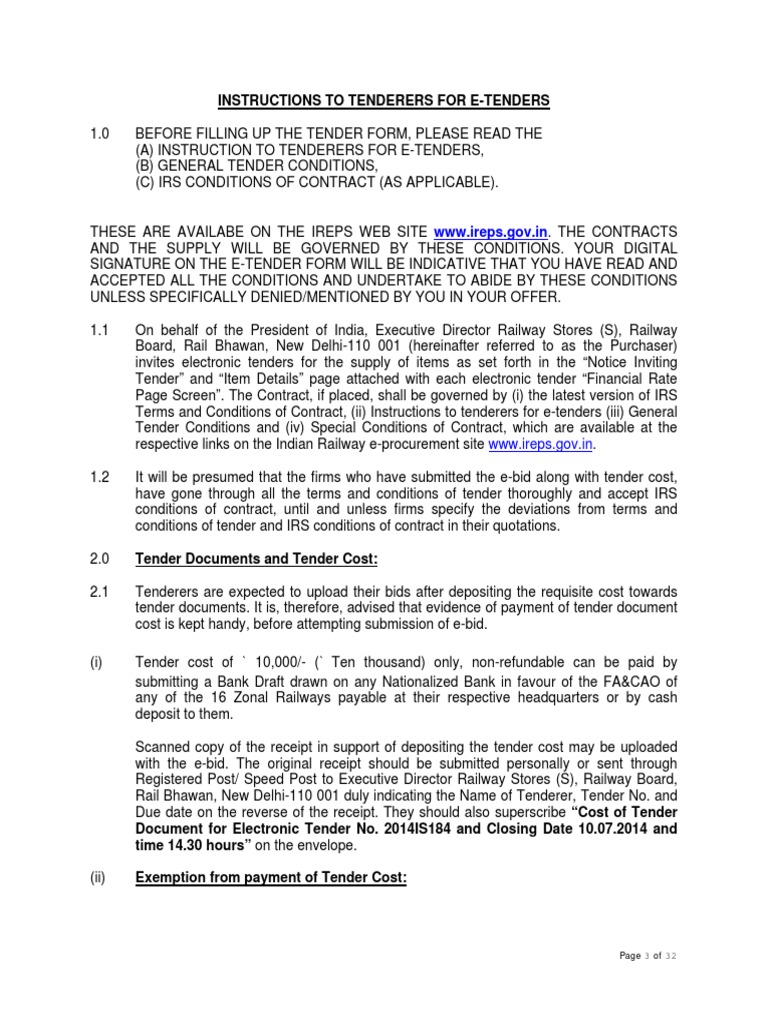 Instructions To Tenderers For E-Tenders: WWW - Ireps.gov - in | Download Free PDF | Value Added ...