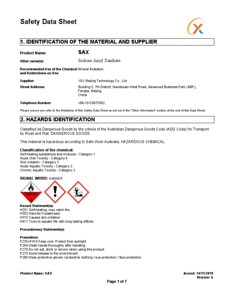 Y&X MSDS of SAX | Download Free PDF | Dangerous Goods | Toxicity