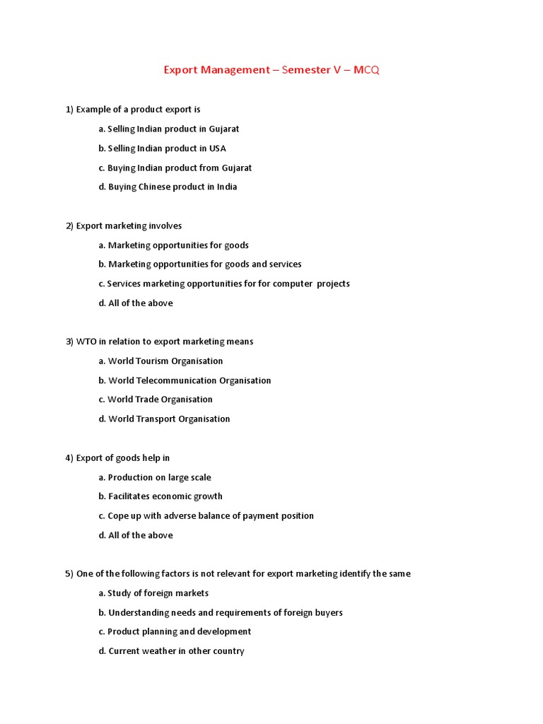 Export Management MCQ | PDF | Exports | Tariff