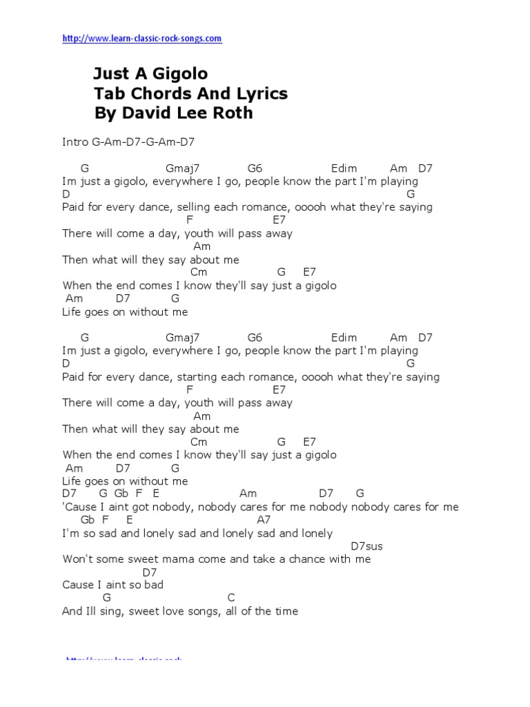 Just A Gigolo Tab Chords and Lyrics by David Lee Roth | Download Free ...