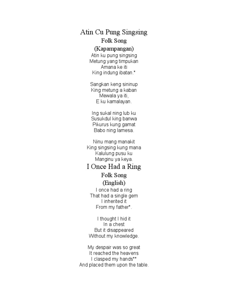 Atin Cu Pung Singsing: Folk Song (Kapampangan) | PDF